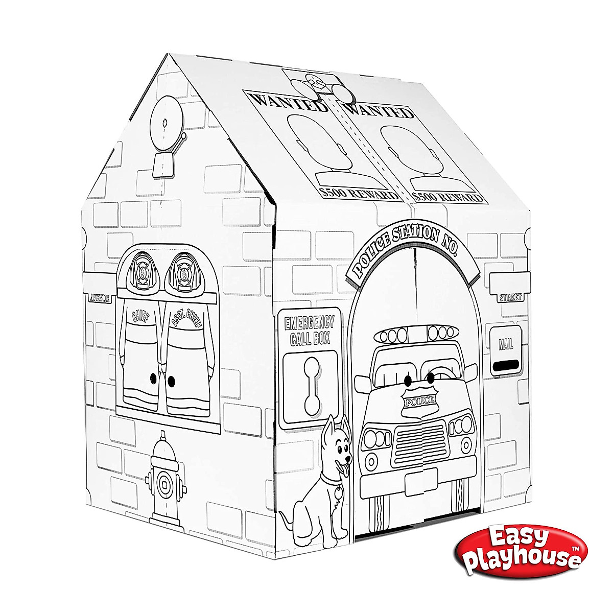 Easy Playhouse Police and Fire Station - Kids Art & Craft for Indoor & Outdoor Fun – Decorate & Personalize The Cardboard Fort, 32" X 26. 5" X 40. 5" - Made in USA, Age 3+ [Amazon Exclusive], white