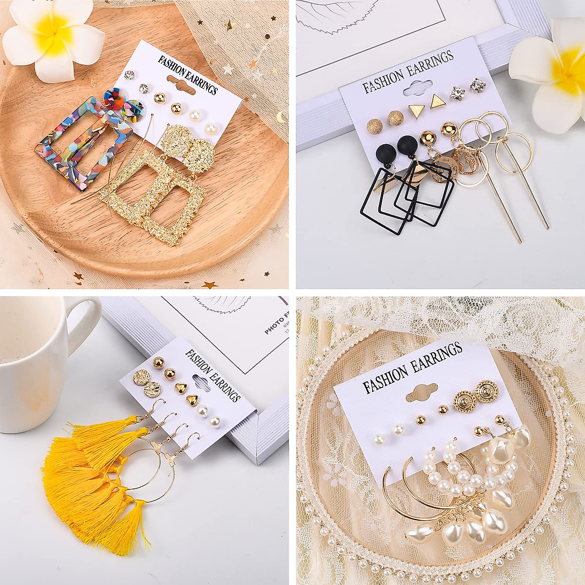 JMScape 53 Pairs Hypoallergenic Tassel Acrylic Drop Dangle Earrings for Women, Fashion Gold Hoop Earrings, Pearl Studs, Multipack