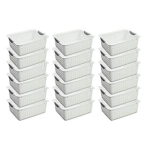 Sterilite Medium Ultra Ventilated Open Top Plastic Storage Organizer Basket with Gray Contoured Carrying Handles, White (18 Pack)