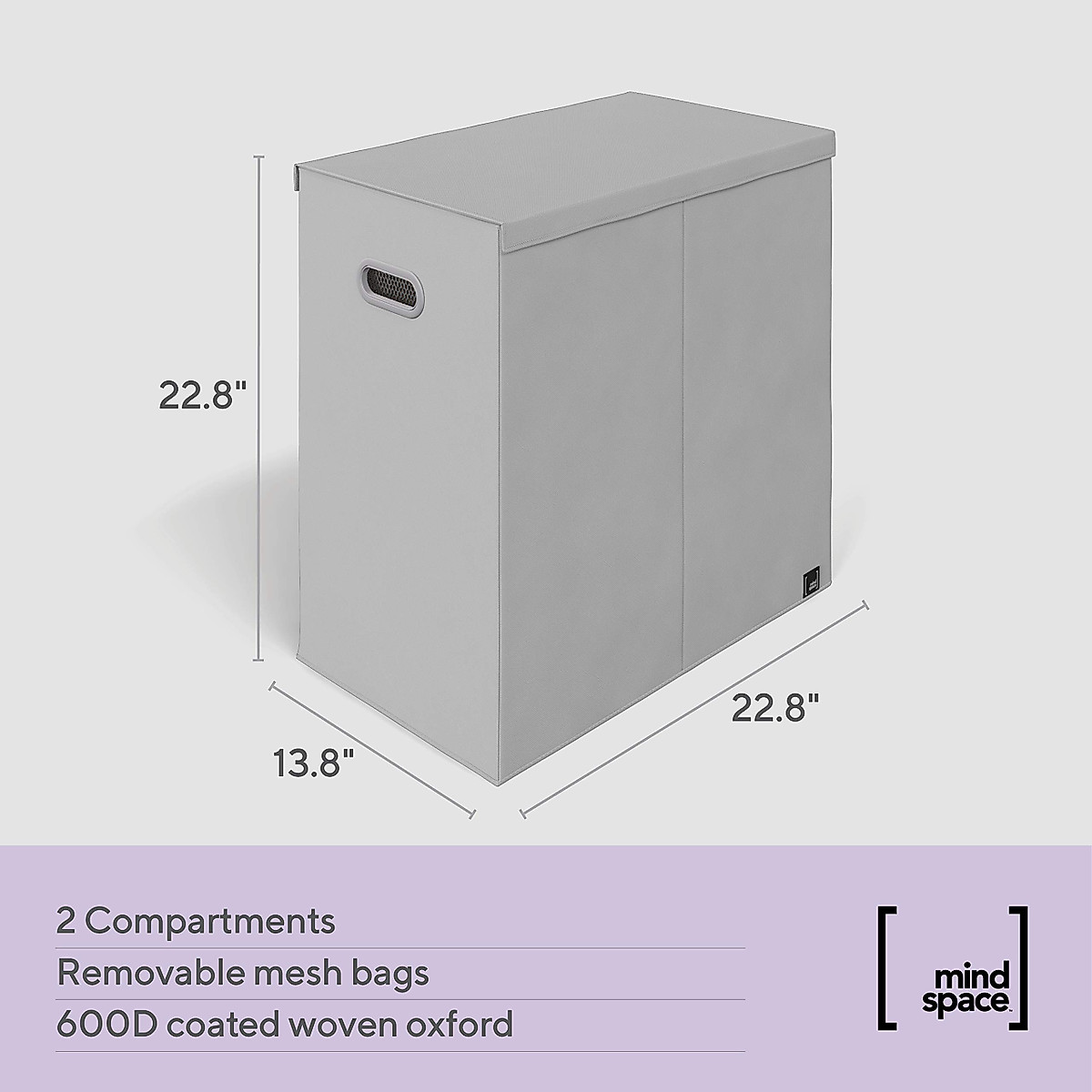 Mindspace Double Laundry Hamper with Lid and Removable Mesh Bags - Woven Canvas Laundry Basket Organization for Bathroom, Bedroom, Kids, Baby - Cool Gray, Oxford Collection