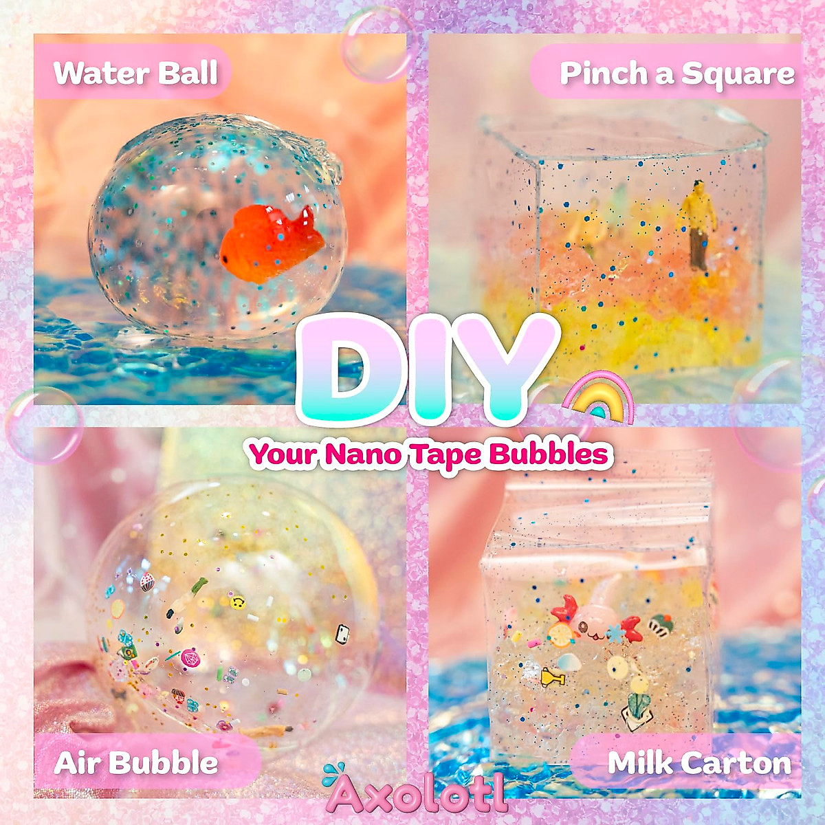 Axolotl Nano Tape Bubble Kit, Double Sided Tape Elastic Bubbles DIY Craft Kit, Stress Balls Toys, Squishy Ball, Anxiety Relief Toy, Party Favors and Fidget Toys for Girls, Boys, Kids