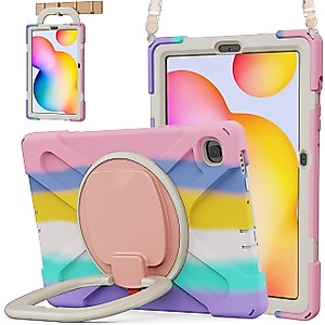 BATYUE Case for Samsung Galaxy Tab S6 Lite 10.4 Inch 2022/2020 (SM-P610/SM-P613/SM-P615/SM-P619), Protective Case with Pencil Holder, 360° Swivel Stand, Shockproof Drop; for Kids - Colourful Pink