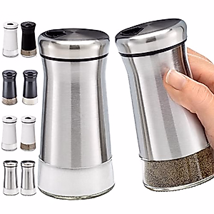 HOME EC Original Glass Salt and Pepper Shakers Set with Adjustable Pour Holes - Stainless Steel Salt Shaker and Pepper Shaker - Farmhouse Salt and Pepper Shaker Set for salts and spices