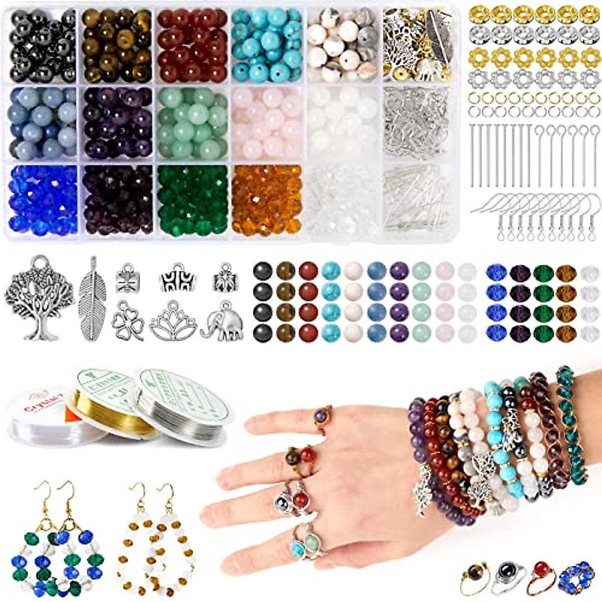 UnityStar 535pcs Bracelet Making Kit, Stone Beads for Jewelry 8mm Crystal Natural Gemstone Bracelets Earrings Necklaces Rings DIY, Gift Couples Lovers (UT0032A)
