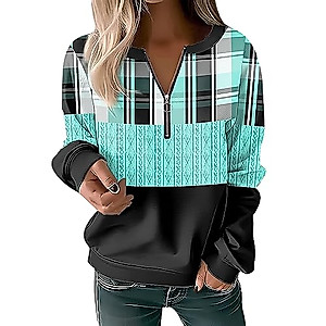 Women's Fall Half Zip Collar Pullover Lapel Long Sleeve Blouses Top Tees Quarter Zip V-Neck Shirts Graphic Vintage Sweatshirts Fashion Loose Fitting Blouse Printed Oversized Blouses