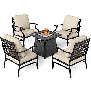 MIXPATIO Patio Furniture Set with Fire Pit Table, 5 Pcs Metal Outdoor Conversation Set, 4 Single Chairs with 5.75" Extra Thick Cushion and 28" Fire Pit Table for Backyard Deck, Beige