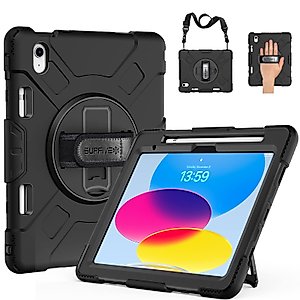 SUPFIVES Case for iPad(A16) 11th 11''2025/ 10th Generation 10.9'' 2022,Heavy Duty Silicone Case with Screen Protector/Pencil Holder/Rotating Stand/Handle/Shoulder Strap(Black)