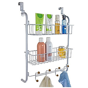 Over Door Organizer Wall Mounted Sturdy 2-tier Bathroom Storage Baskets with 8pcs Towel Wood Hooks Decor Pantry Kitchen Spice Back Hanging Metal Rack Closet Shelving Organizers , 17.5" (W) X 25" (H)