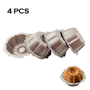 LoveDeal 4 Inch Nonstick Mini Bundt Cake Pan, Set of 4 for Baking, Carbon Steel Fluted Cake Pans, Metal Round Pumpkin Shaped Cake Mould for Cupcake, Muffin, Brownie, Pudding - Gold