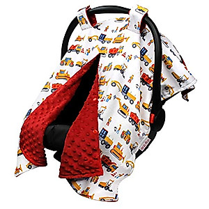 Baby Car Seat Canopy Cover - Construction Tractors with Red Minky Dot