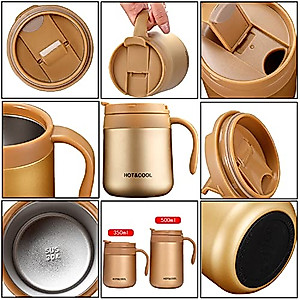 12oz/18oz Insulated Coffee Mug with Handle and Lid, Double Wall Vacuum Stainless Steel Coffee Travel Mug, Tumbler Cup，Reusable and Durable Travel Coffee Cup Thermal Cup, Gold 12oz