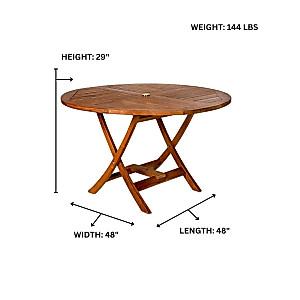 All Things Cedar TT6P-R-B 6-Piece Teak Round Patio Dining Set - Table and 4 Chairs for Outdoor Events | Backyard Furniture with Umbrella Hole | Brass Grommet & Cap | Blue Umbrella