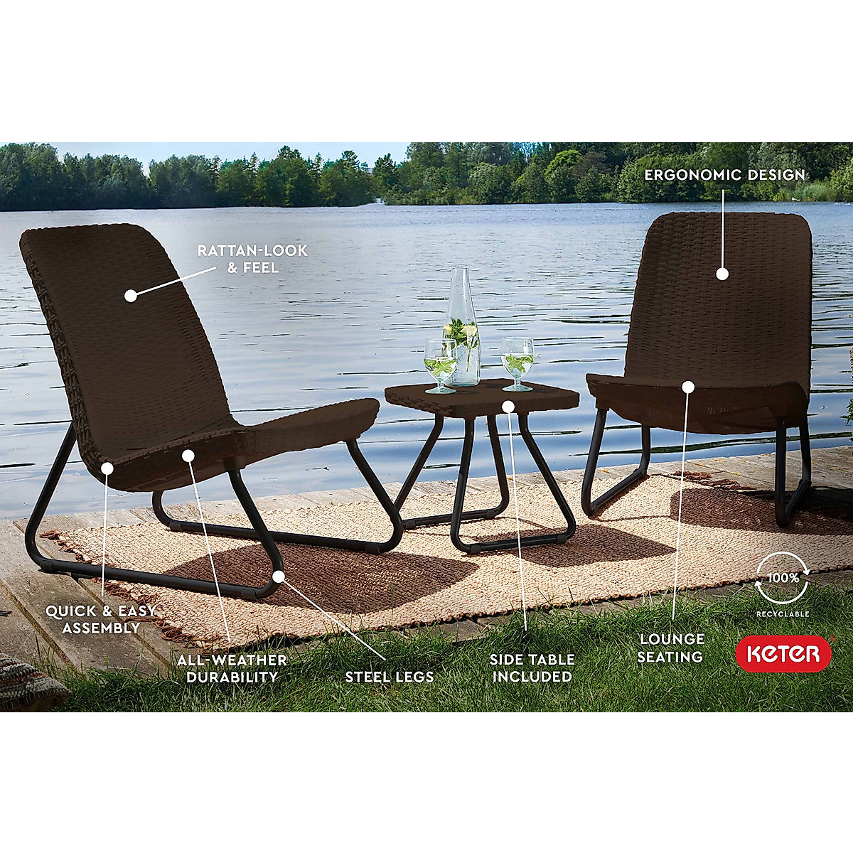 Keter Rio 3 Piece Resin Wicker Patio Furniture Set with Side Table and Outdoor Chairs, Brown