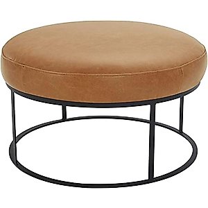 Amazon Brand – Rivet Revere Round Leather Iron-Framed Ottoman, 30.3"W, Cognac