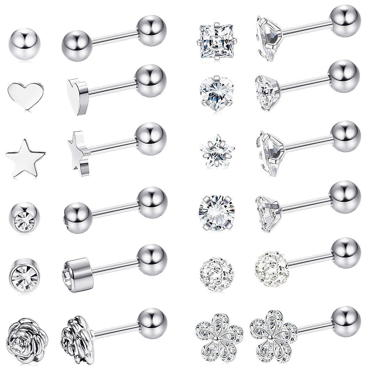 LOYALLOOK 12 Pairs Stainless Steel Ball Stud Earrings Barbell Cartilage Helix Ear Piercing 3-6mm 2 Colors (18G 12 Pairs Silver Tone 4mm)