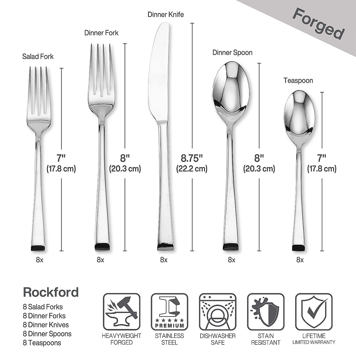 Mikasa Rockford Heavy-Weight Forged 18.0 Stainless Steel 42 Piece Cutlery Set, Service for 8