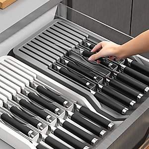 Mulikeer Knife Holder, In Drawer Knife Block Holder with Expandable Cutlery Tray Kitchen Drawer Organizer Insert-Holds 11 Knives for Save Space & Kitchen Safety (Drawer knife holder, Plastic)