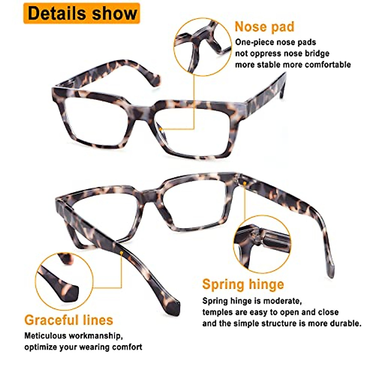 VOGPOPER 6 Pack Fashion Reading Glasses For Women Blue Light Blocking Computer Square Readers with Spring Hinge Men (A1 Mixed, 1, diopters)