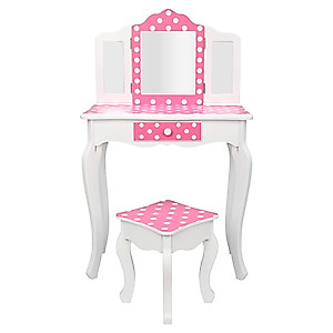 Kcelarec Kids Vanity Table and Chair Set with Mirror, Makeup Dressing Table with Drawer,Wooden Princess Makeup Table with Stool (Pink Dots)