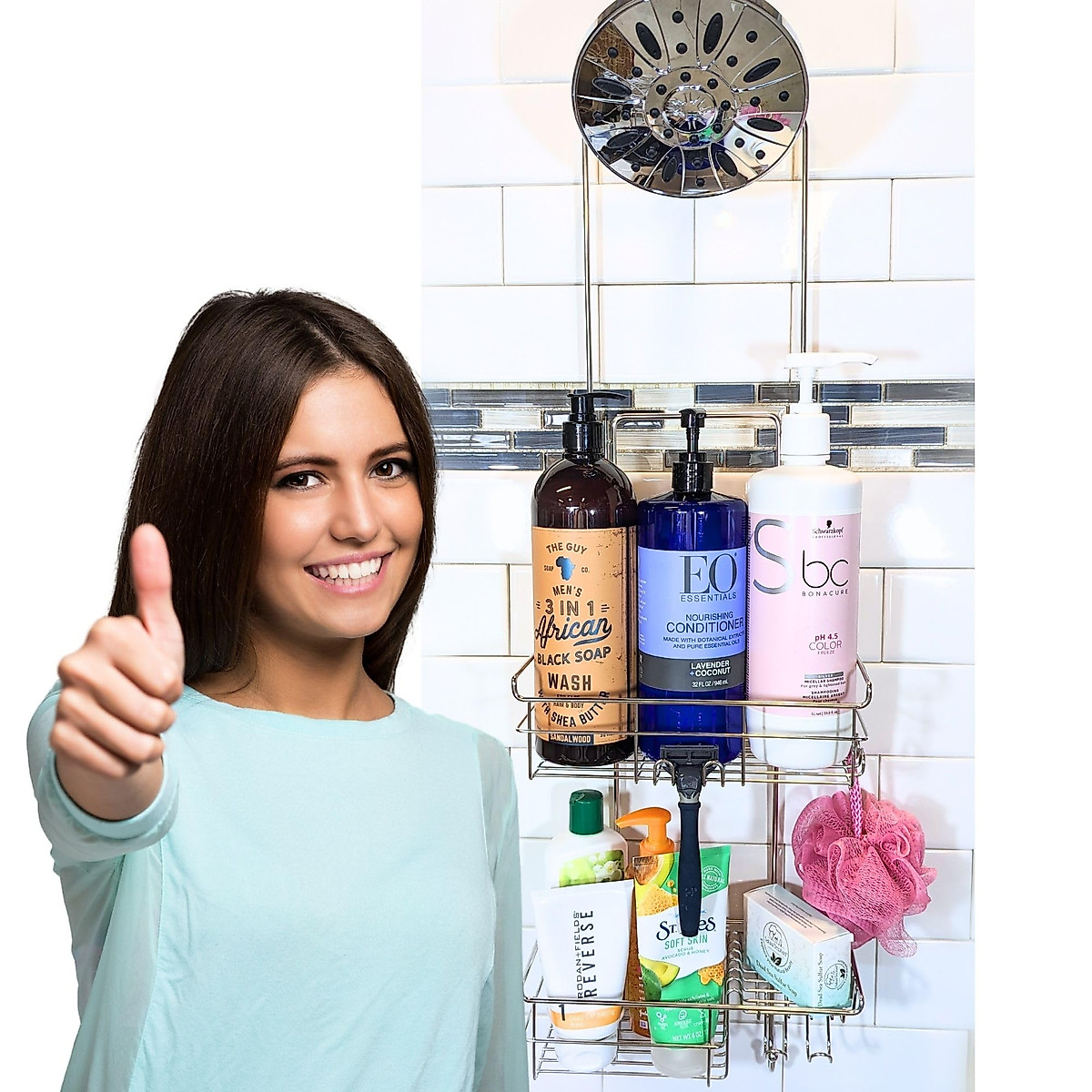 Gecko-Loc Adjustable Hanging Shower Caddy with Adhesive Storage Rack - Over Shower Head Hanger - for Shampoo, Soap, & Razors - Silver