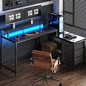 Huuger Reversible L Shaped Computer Desk with Drawers, Gaming Desk with LED Lights and Power Outlets, Office Desk with Storage Shelves, for Home & Office, Black