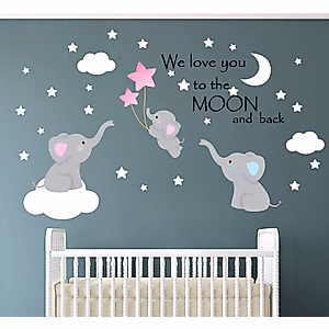 Family Elephant Wall Decal Baby Nursery Decor Kids Room Wall Stickers Large Cute Lovely Elephant Decals with Moon Stars Quote Home Decorations Love You to The Moon and Back 60''W x48''H