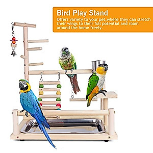 Fantasyday Bird Play Stand, Natural Wooden Bird Playground Birds Gym Bird Toy Accessories with Stainless Steel Feeding Stair Swing for Parrots, Finches # 2