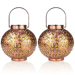 2 Pack Solar Lanterns Outdoor Waterproof Hanging, Solar Powered Lantern Warm White Retro Garden Lanterns, Hollowed-Out Metal Lantern Outdoor Decorative Lights for Yard, Lawn Porch Pathway, Landscape