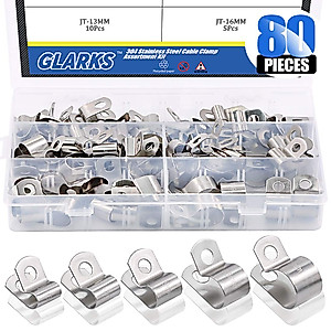 Glarks 80Pcs 5 Size 1/4'' 5/16'' 3/8'' 1/2'' 5/8'' Stainless Steel Cable Clamp Assortment Kit