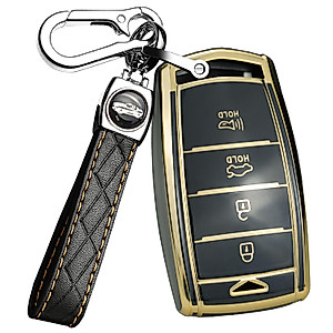 SANRILY Golden-Edge 4 Button Key Fob Cover Fit for Genesis G70, G80, G90 2017-2020 Keyless Full Coverd Smart Key Case with Leather Keychain Black