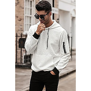 JMIERR Hoodies for Men Pullover Casual Plaid Jacquard Drawstring Long Sleeve Hooded Waffle Knit Sweatshirts, US 40(M), White