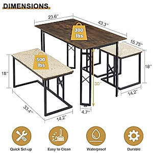 VECELO 43.3" Farmhouse Room Sets for 4 with 3 Benches WickerKnot Mats, Adjustable Feets Metal Frame Space-Saving Coffee Table for Home Kitchen Dining, Brown, 43.3in