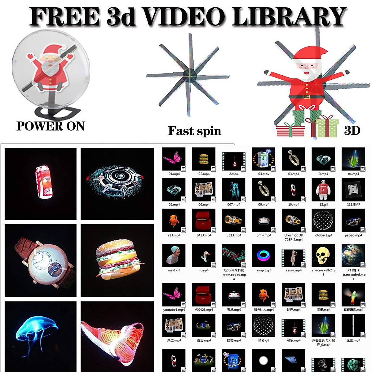 3D Hologram Fan WiFi Projector with 700 Video Library, Tabletop Holographic LED Ceiling Skylight Night Light for Halloween, Shop, Bar,Casino, Party Advertising Display 12.6 inch Missyou
