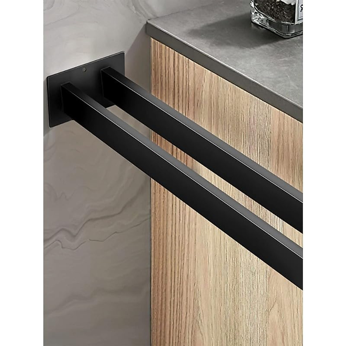 Black Premium Stainless Steel Hand Towel Holder Square Tube Horizontal Double Pole No Punching + Punching Dual Use Heavy Duty Wall Mounted Hotel Bathroom Minimalist Towel Rack