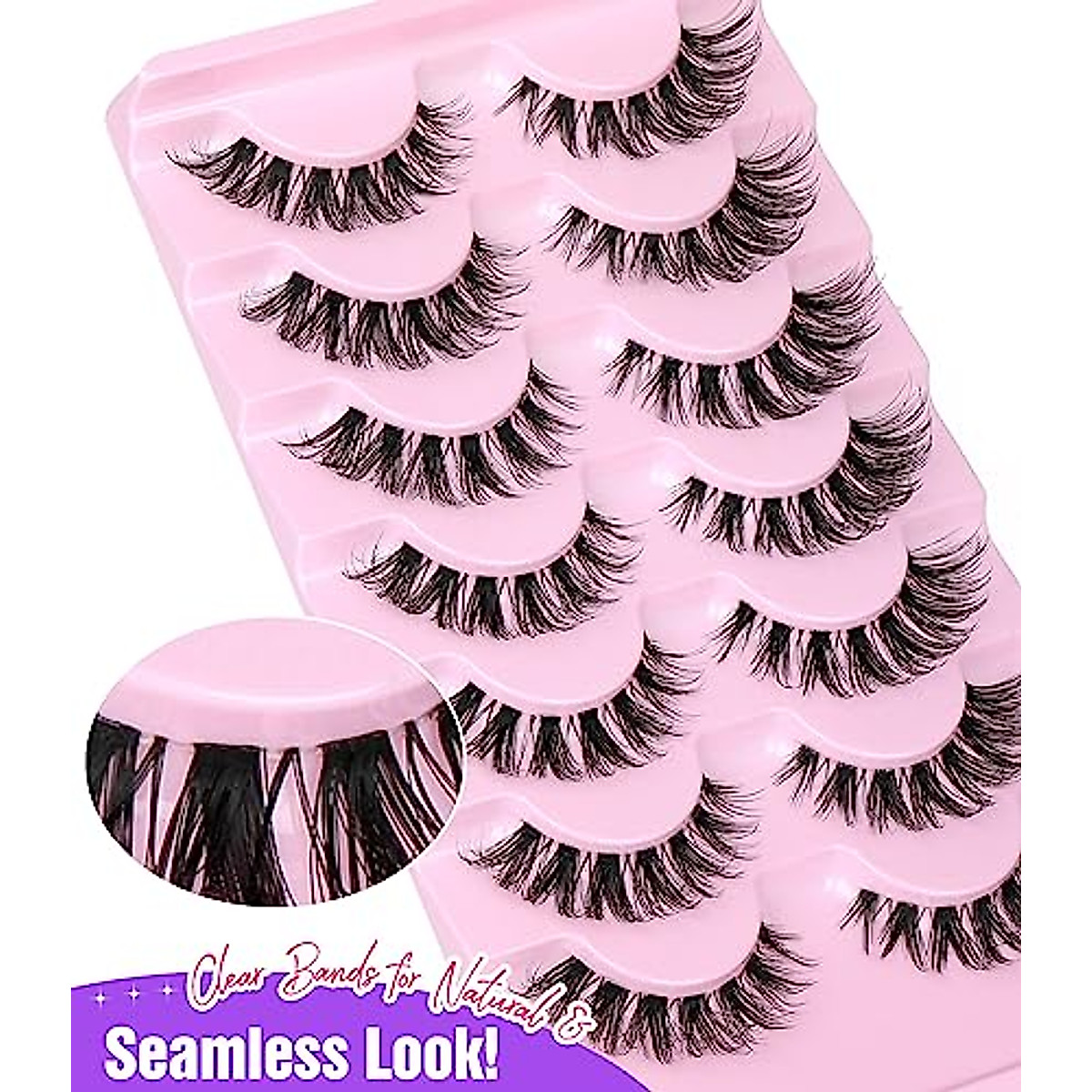 False Lashes Clear Band Eyelashes Natural Cat Eye Lashes Wispy Fake Eyelashes 16mm Fluffy Mink Lashes Pack 7 Pairs by Yawamica
