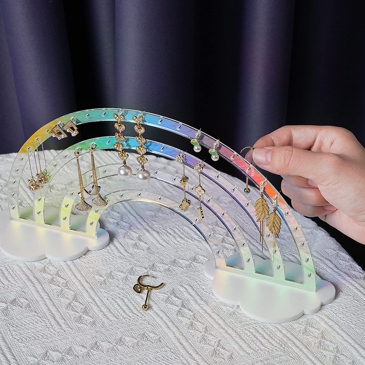 NiHome Iridescent Earrings Holder 74 Holes Display Rainbow Iridescent Ear Studs Jewelry Show Rack Stand Organizer Holder Plastic Clear Acrylic Earring Rack Holder Organizer for Girl Women