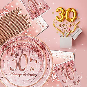 30th birthday decorations for women her - (Total 121pcs) rose gold Birthday supplies Plates and Napkins, Cups, Straws, tablecloth, Disposable Tableware for 24 Guests