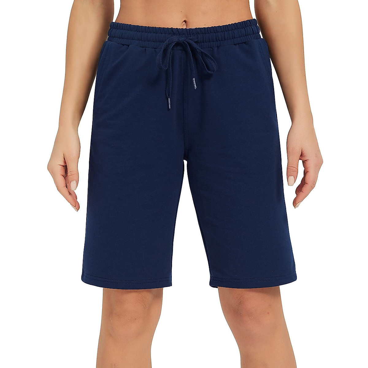 Stelle Womens Bermuda Knee Length Exercise Running Lounge Sweat Shorts with Deep Pockets (Medium, 10" Navy)