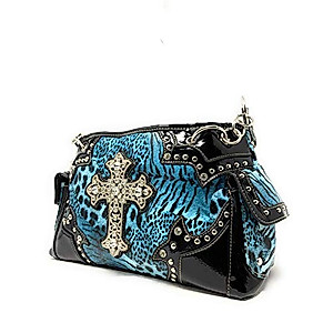 western rhinestone cross leopard concealed carry handbag with matching wallets in 3 colors (Blue)