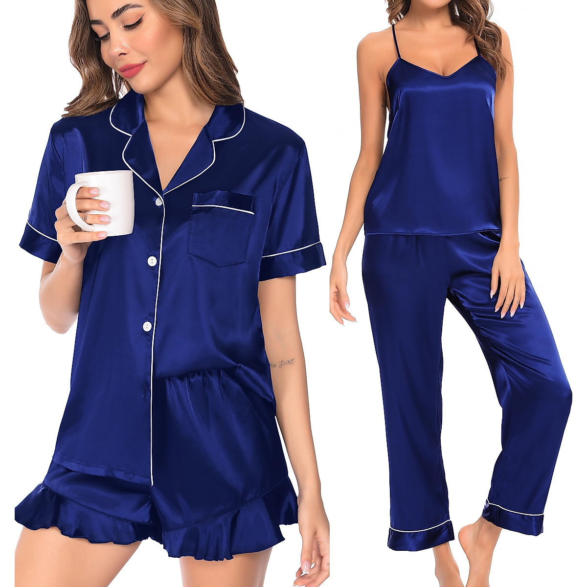 SWOMOG Womens 4 Piece Pajamas Silk Button Down Tops Satin Cami Tank Top Ruffle Shorts Lounge Sets Summer Pjs Soft Sleepwear