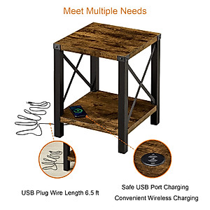 Okvnbjk Rustic End Table with Charging Station, Nightstand Side Table with Wireless Charger Pad & USB Port, Suitable for Living Room, Bedroom, Office, Small Spaces, Rustic Brown