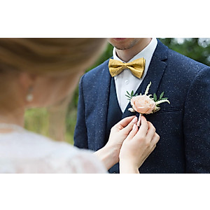 Dubulle Mens Pre-tied Bowtie and Pocket Square Set Paisley/Striped/Checks Bowties for Men,A Gold