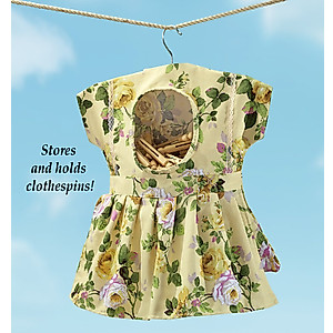 Collections Etc Whimsical Floral Print Dress Hanging Clothespin Bag, Use for Indoor or Outdoor Laundry Drying, Beige