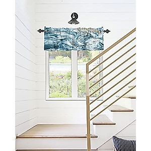DoremiHome Marble Liquid Abstract Art Window Valance Rod Pocket Curtain Valance for Kitchen/Living Room,Blue White Gold Gradient Short Curtain Panels Window Treatment Decor Curtains 54x18in
