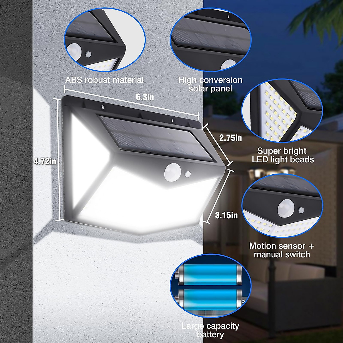 Solar Lights Outdoor 212 LED Bright Beads Solar Wall Lights with 3 Lighting Modes and Motion Sensor Waterproof LED Solar Outdoor Lights Solar Powered with 270°Wide Angle for Patio Yard Fence Garage
