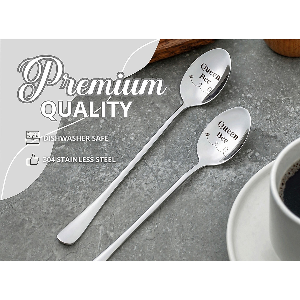INNObeta Bee Gifts for Women, Engraved Ice Cream Spoons, 2 Pcs Stainless Steel Coffee Spoon, Queen Bee