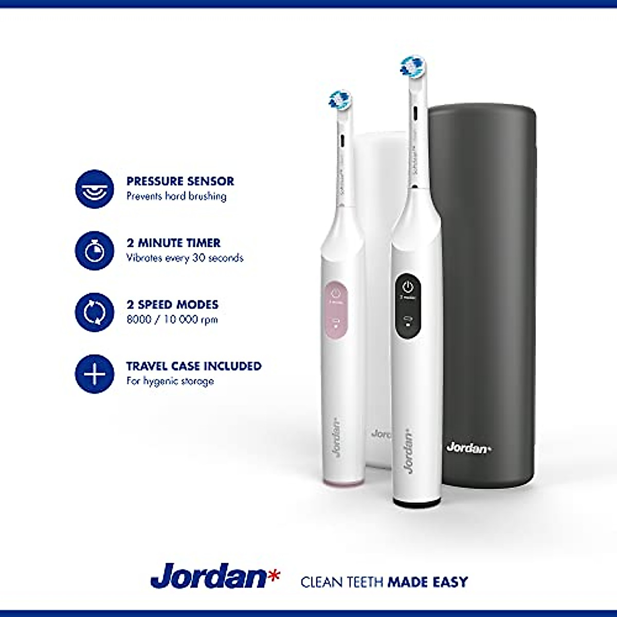 Jordan* ® | Clean Smile Electric Toothbrush for Adults | Rechargeable Toothbrush Electric with Quick Charge, Long-Lasting Battery, Pressure Sensor, 2 Speed Modes | Includes Travel Case | Black Color