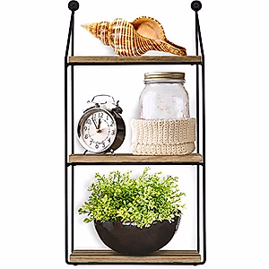 Greenco Geometric 3 Tier Mounted Floating Shelves, Home Decor, Metal Wire and Rustic Wood Wall Storage Shelves for Bedroom, Living Room, Bathroom, Kitchen, Office, Natural Finish