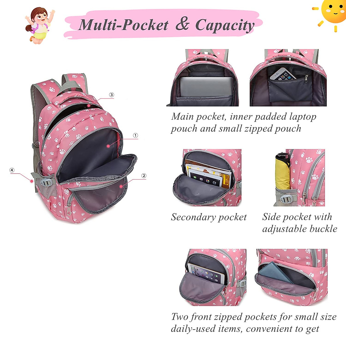 3Pcs Dog-Paw Prints Backpack and Lunch-Bag Set for Girls Middle School-Bag Elementary Bookbag Casual Daypack