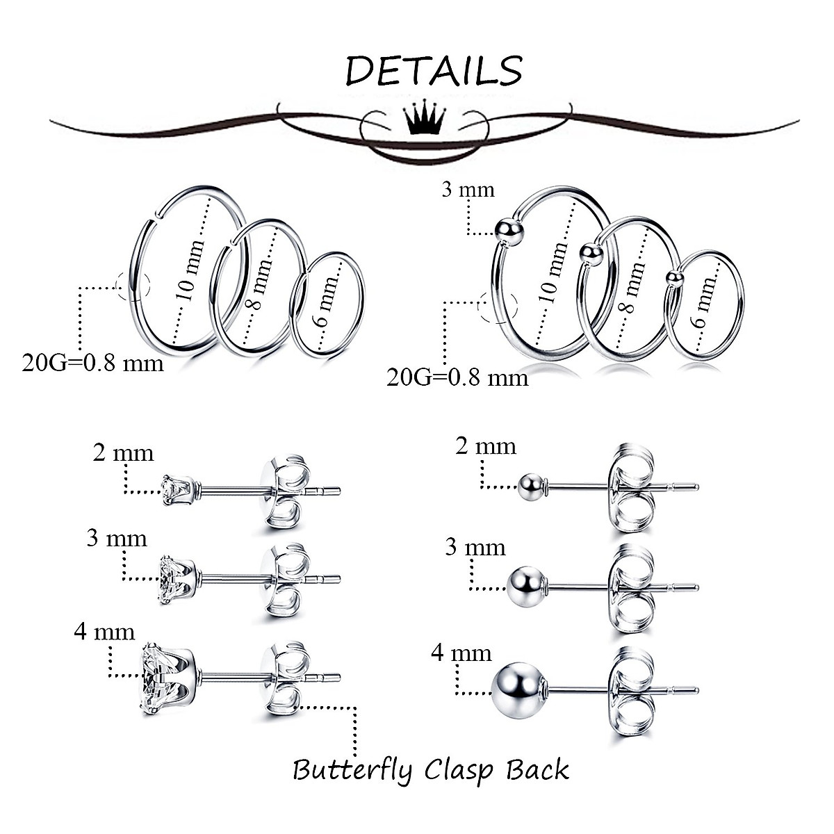 MILACOLATO 18 Pairs Small Tiny Stud Hoop Earrings for Women 14K White Good Plated Stainless Steel Earrings Set for Multiple Piercing Hypoallergenic CZ Ball Studs Endless Cartilage Hoops Earrings